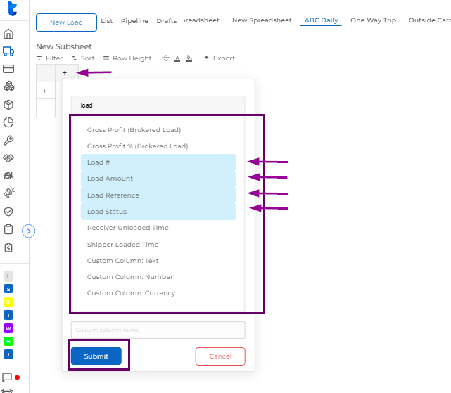 Spreadsheet View in Truckpedia TMS