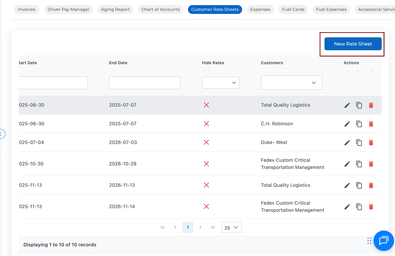 Customer Rate Sheets in Load Charge V2