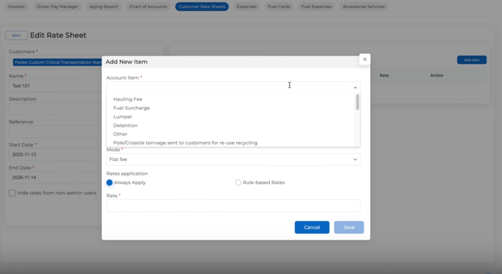 Customer Rate Sheets in Load Charge V2