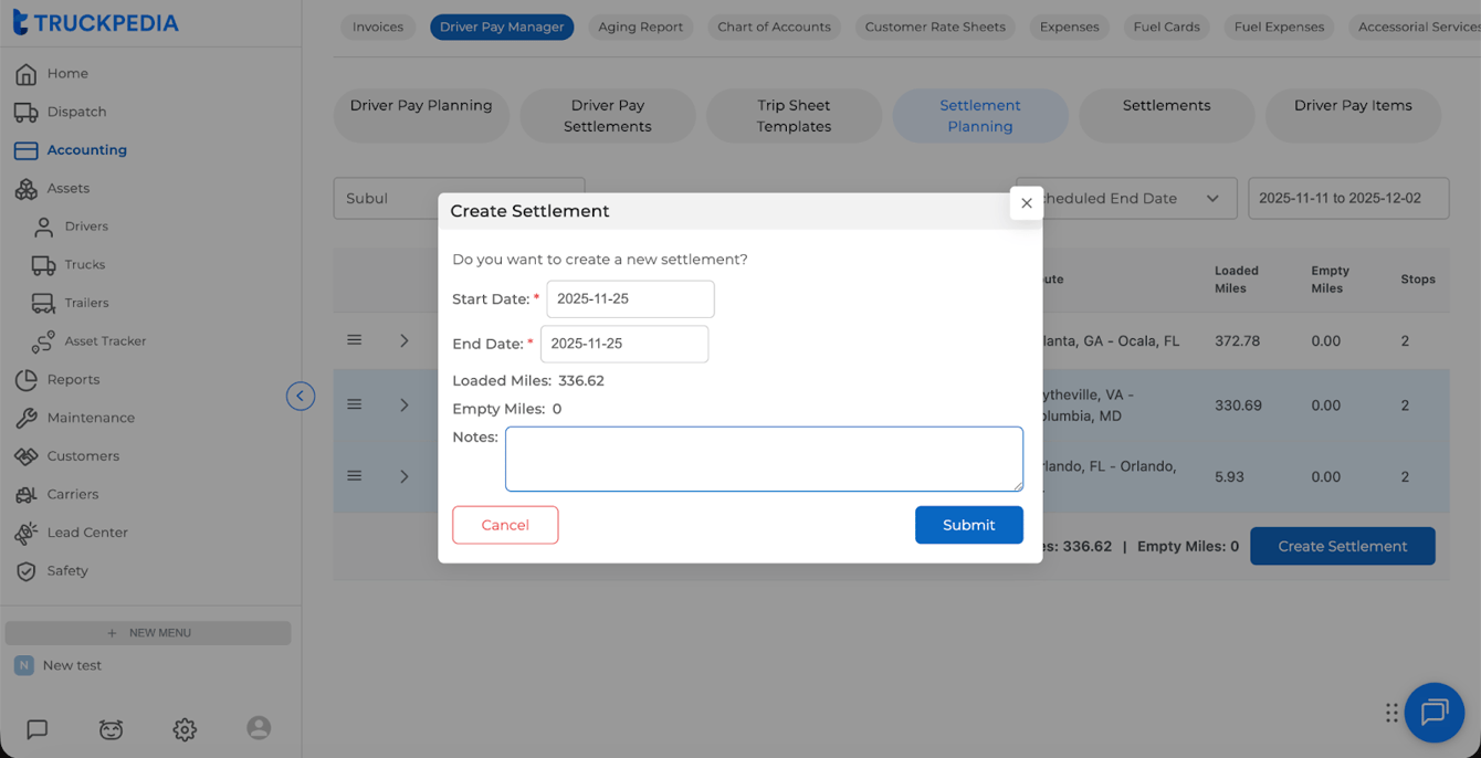 How to Create Driver Pay Settlements – V3
